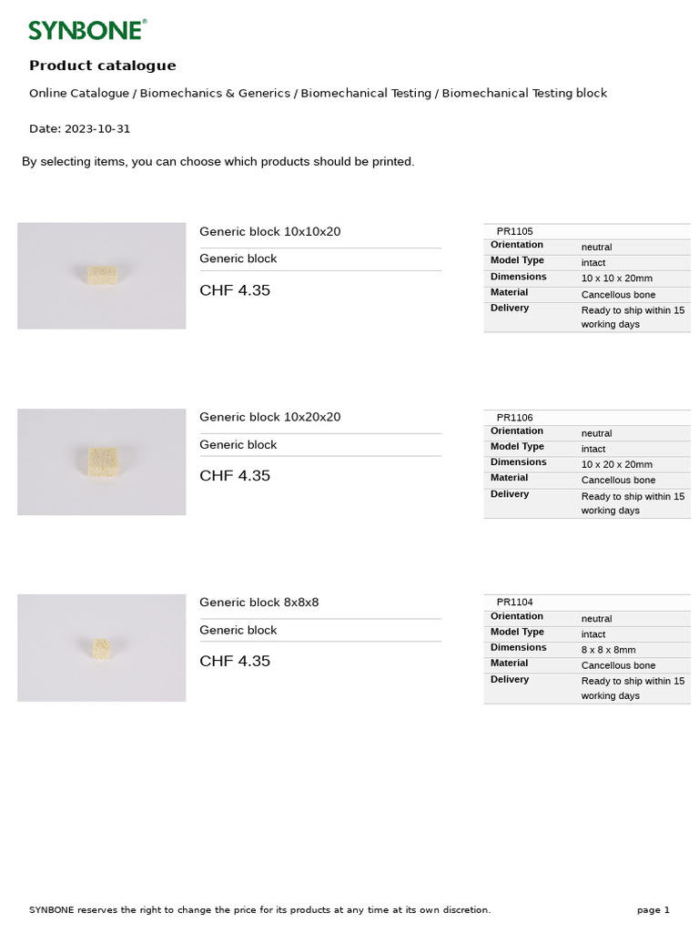 Biomechanical Testing Blocks Catalogue | PDF | Density | Foam