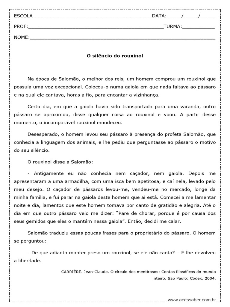 O Silêncio do Rouxinol: Questões e Análise | PDF | Salomão