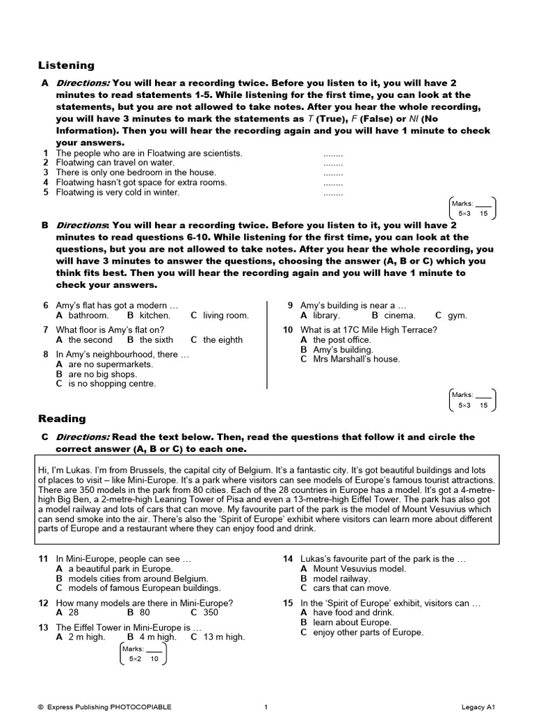 Legacy A1 Listening and Reading Test | PDF | Bedroom | Chair