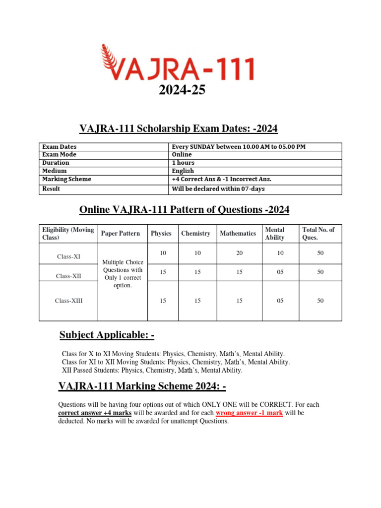 VAJRA-111 24-25 Test Pattern | PDF