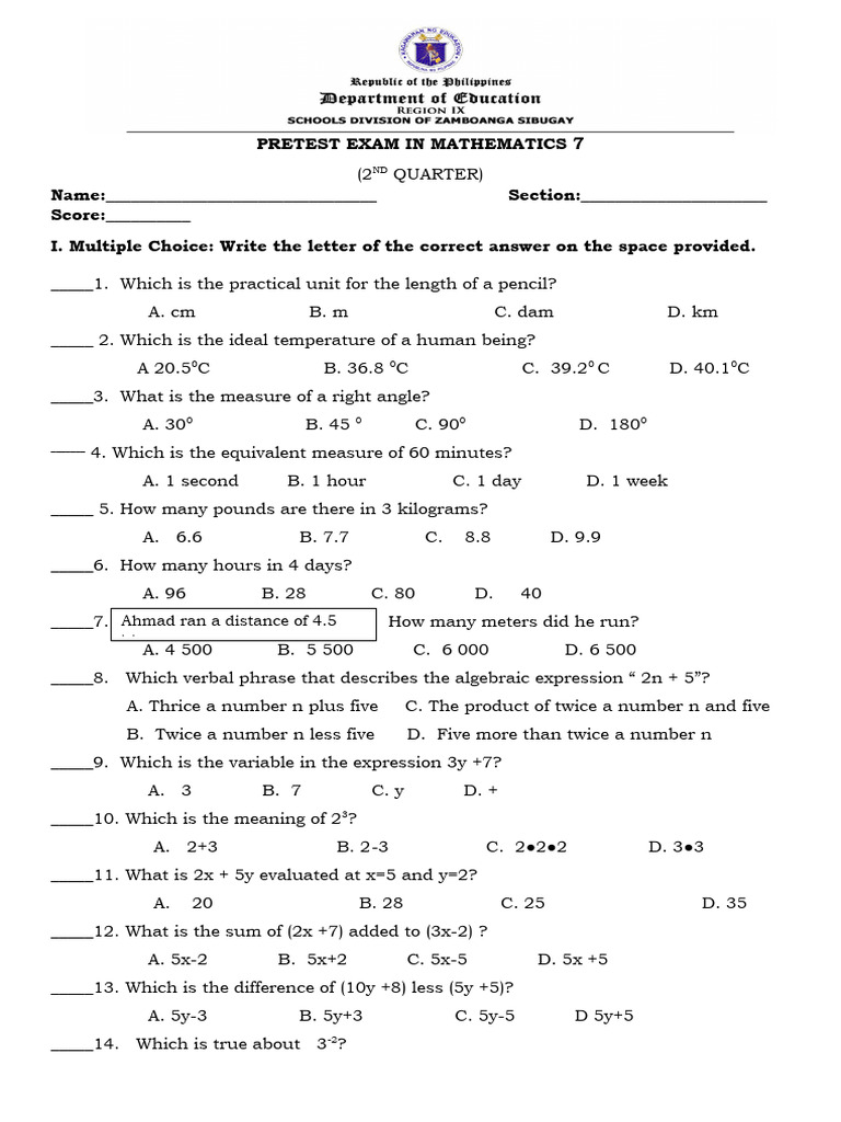 Math 7 Q2 TQ | PDF | Mathematics | Algebra