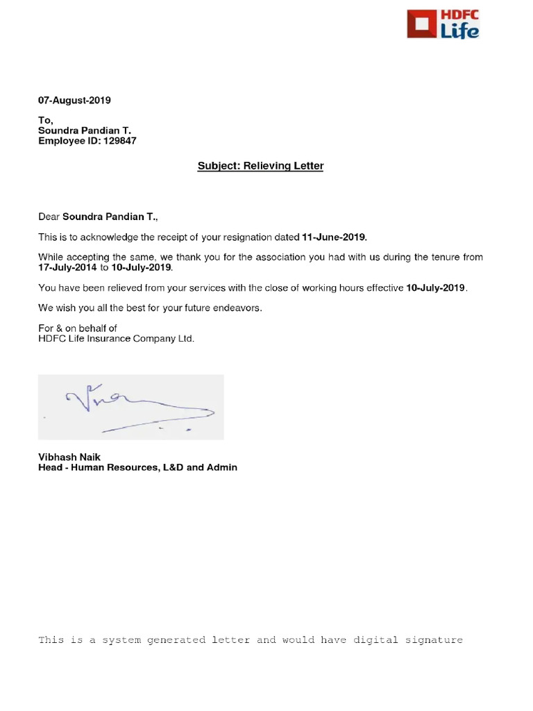 Relieving Letter Hdfc Life Pdf