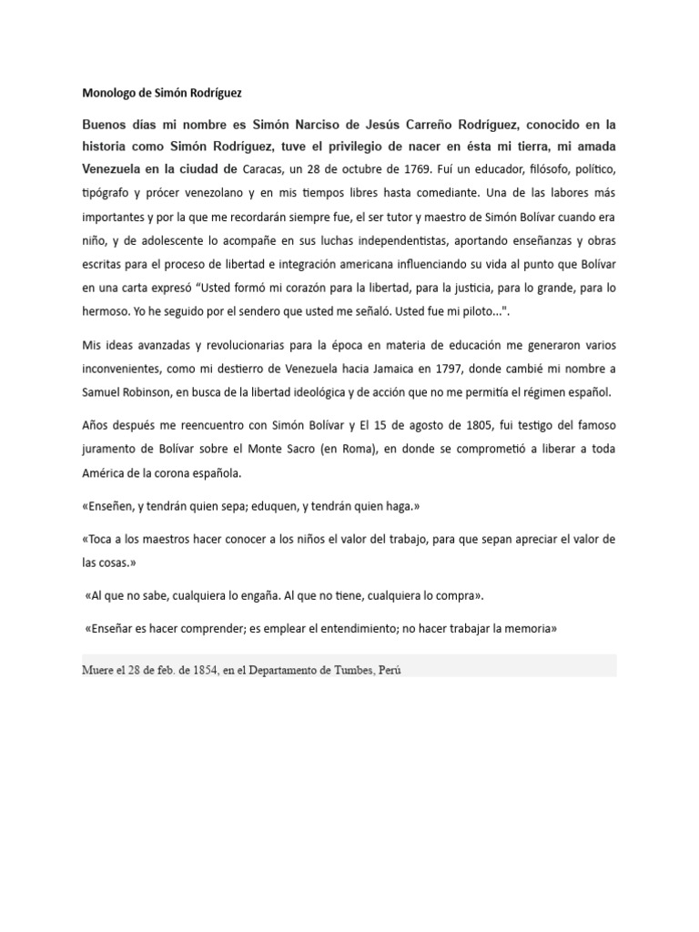 Monologo de Simón Rodríguez | PDF