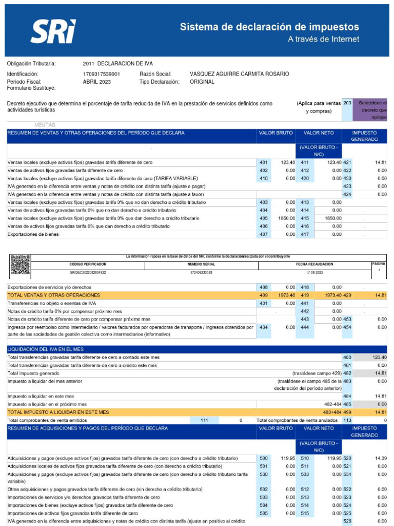 Declaración IVA Abril 2023 SRI | PDF | Impuesto al valor agregado ...