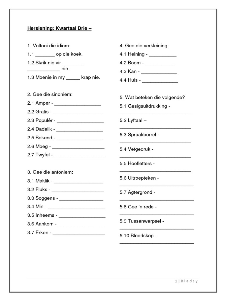 Afrikaans Hersiening Term 3 - Graad 10 Taal | PDF