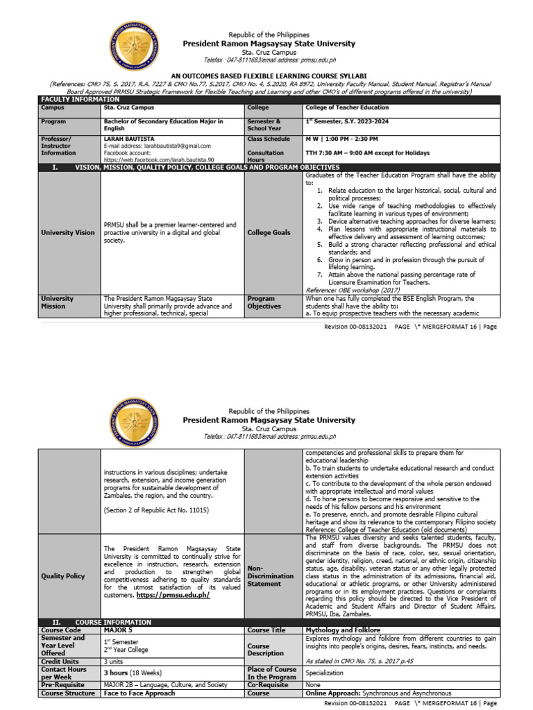 Mythology and Folklore Sample Syllabus | PDF | Folklore | Deities