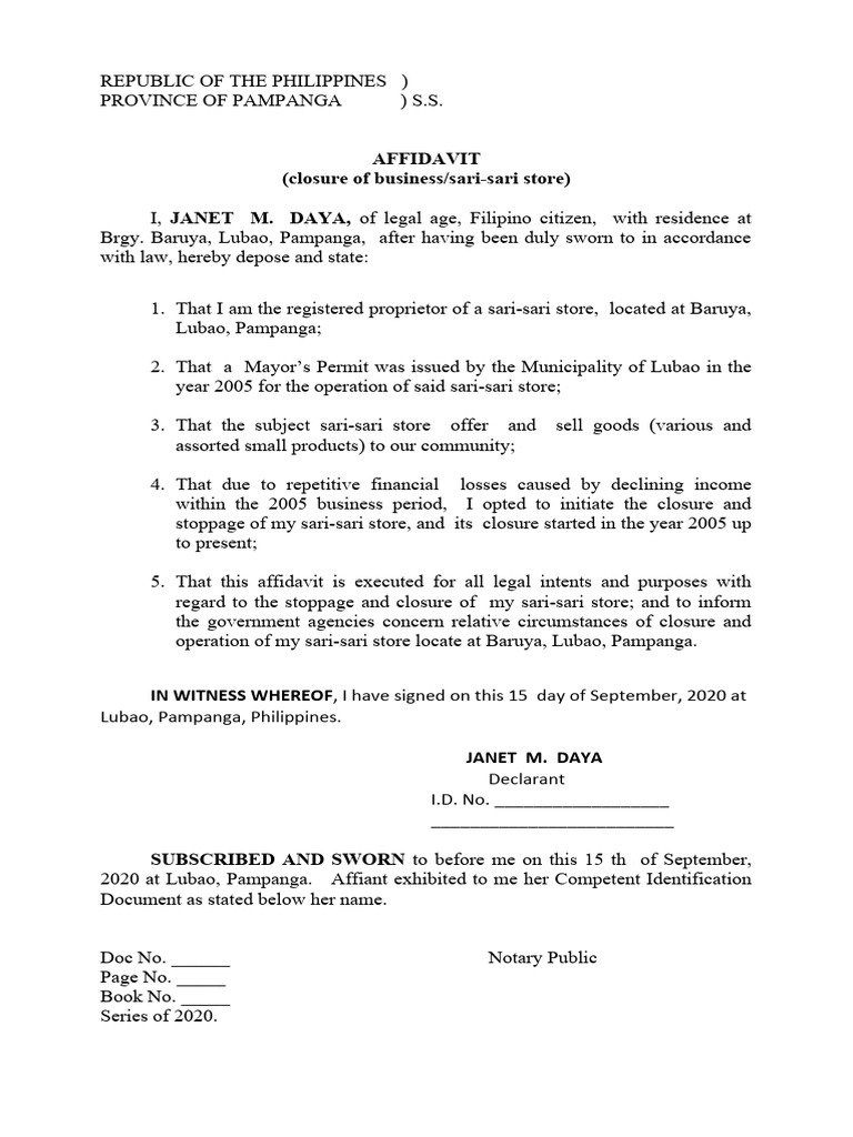 Closure of Sari-Sari Store Affidavit | PDF