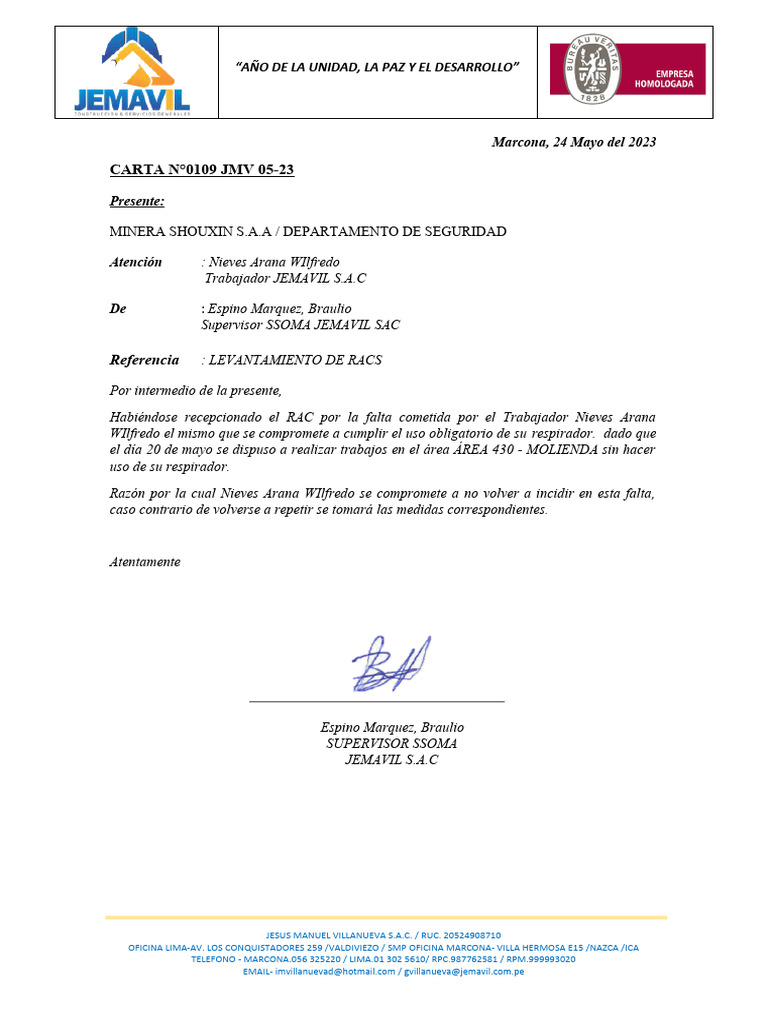 Carta Compromiso Racs Nieves Wilfredo | PDF