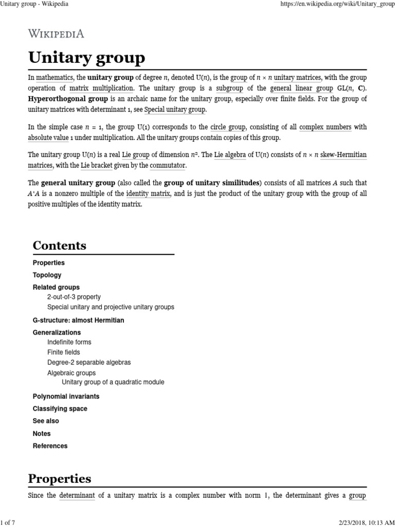 Unitary Group - Wikipedia | Download Free PDF | Mathematical Concepts ...