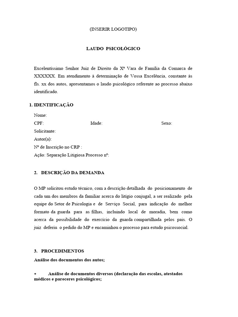 Laudo Psicológico - Modelo 2 | PDF | Psicologia | Família