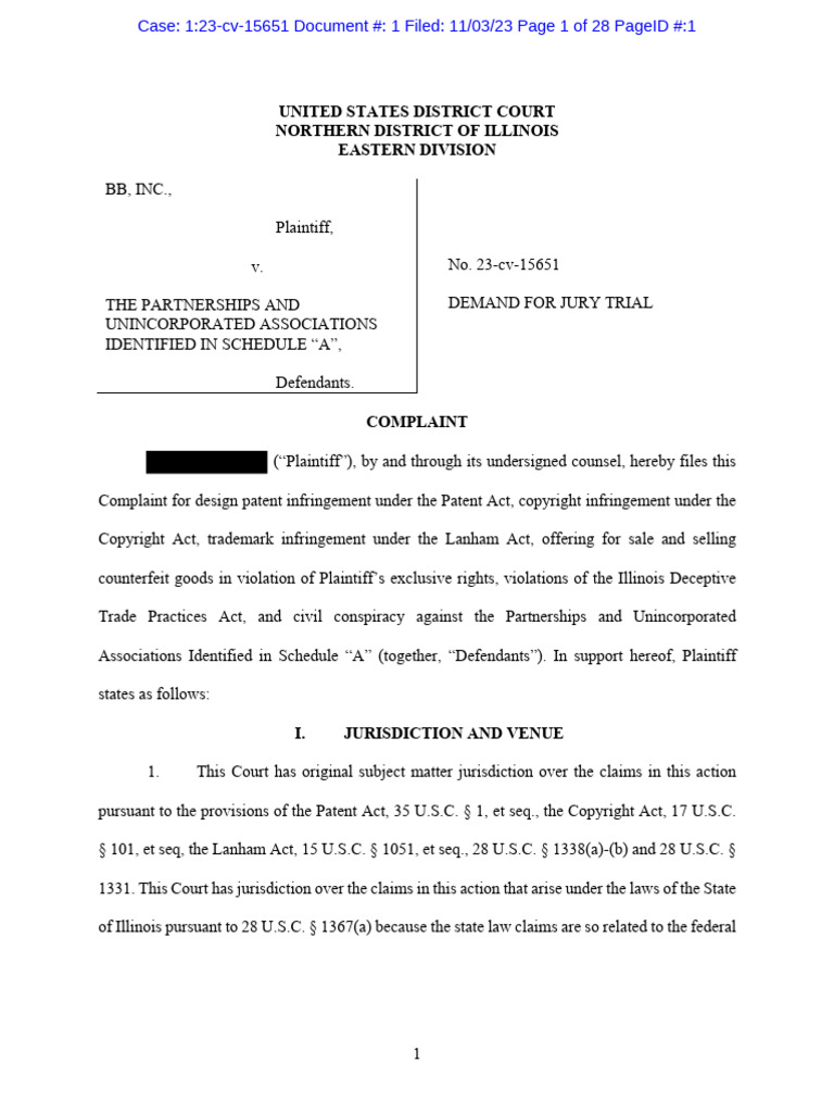 BB v. Schedule A - Complaint | PDF | Trademark | Copyright Infringement