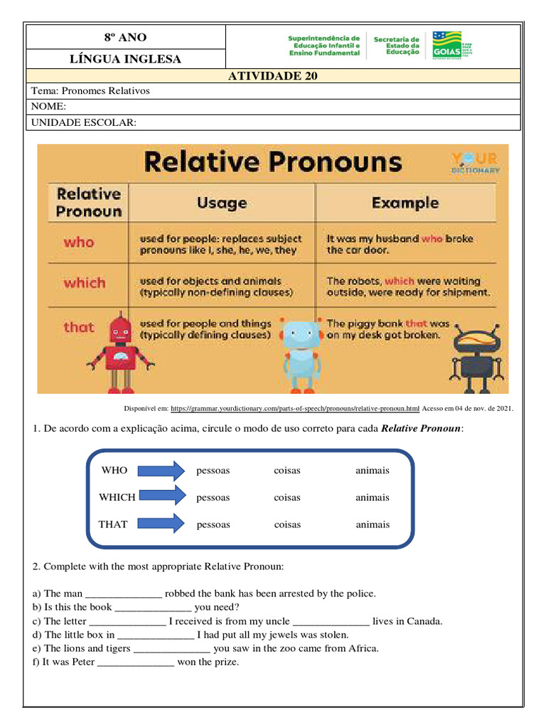 Atividade 20 8o LI Relative Pronouns | PDF | Linguistic Typology | Linguistics