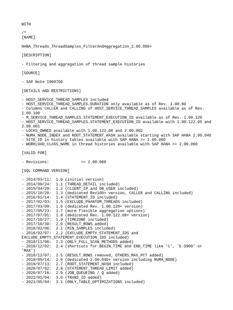 HANA Threads ThreadSamples FilterAndAggregation 2.00.060+ | PDF | Thread (Computing) | Database ...