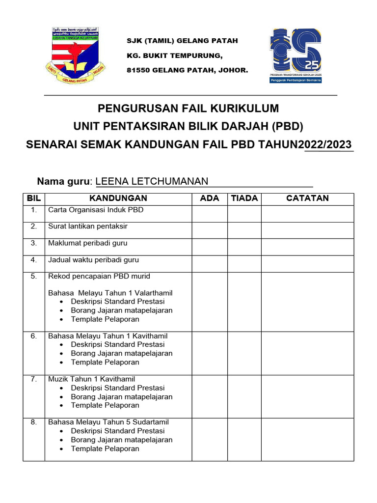 Senarai Semak Fail PBD Guru | PDF