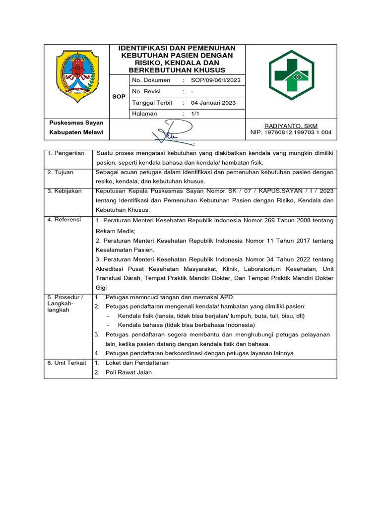 3.1.1.a SOP Identifikasi Dan Pemenuhan Kebutuhan Pasien Dengan Risiko, Kendala Dan Berkebutuhan ...