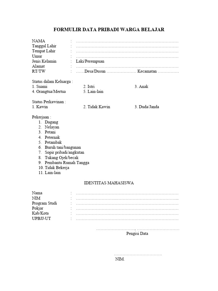 Formulir Data Pribadi Warga Belajar | PDF