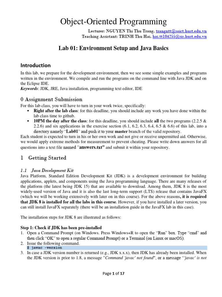 OOP Lab01 EnvironmentSetup&JavaBasics | PDF | Java (Programming ... OOP Lab01 EnvironmentSetup&JavaBasics | PDF | Java (Programming ...