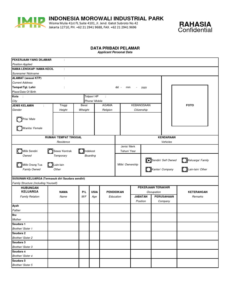 Imip Recruitment Form Terbaru 2017 (Fillable) | PDF