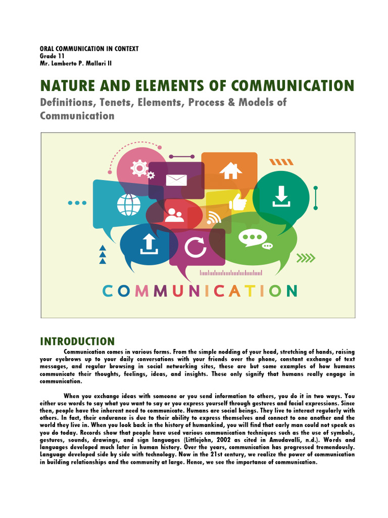 WEEKS 1-3; Nature and Elements of Communication | PDF | Communication ...