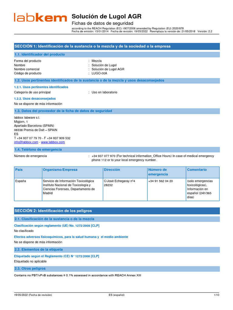 Solución de Lugol AGR: Fichas de Datos de Seguridad | PDF | Yodo | Agua