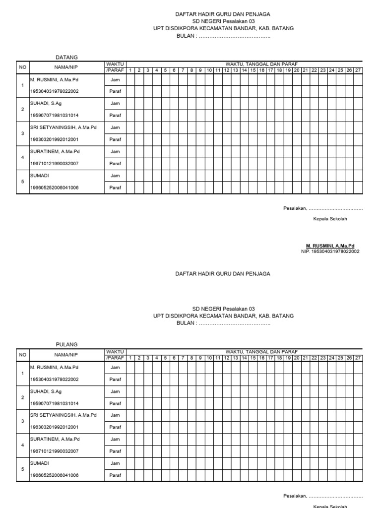 Daftar Hadir Guru Format Excel | PDF