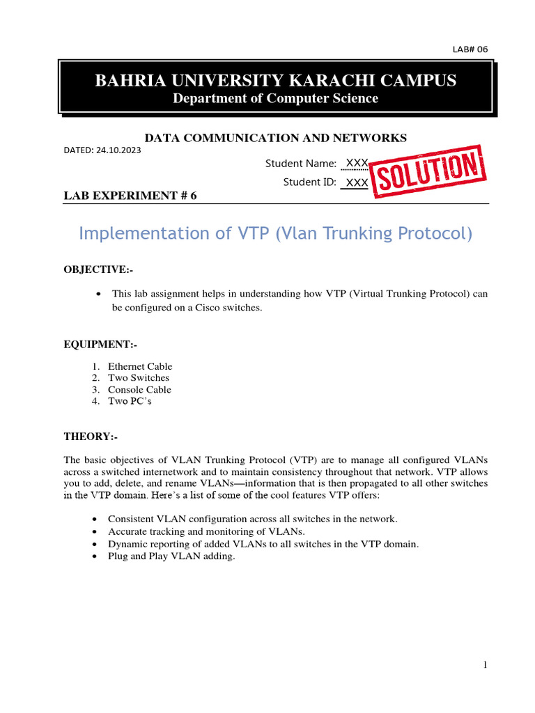 Lab 6 SOLUTION Vlan Trunking Protocol IMRAN 24 10 2023 02112023 085230pm | PDF | Network Switch ...