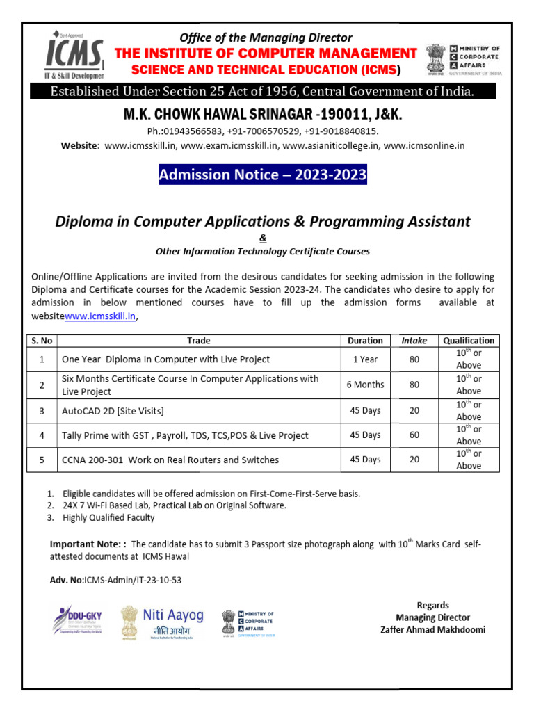 ICMS Hawal Admission Notice - 2023-2024 | PDF | Diploma