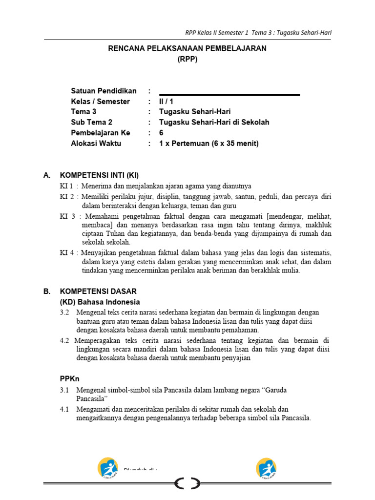 RPP Kurikulum 2013 SD Kelas 2 II Semester 1 Tema 3 Tugasku Sehari Hari ...
