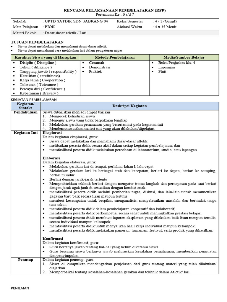 RPP PJOK Kelas 4 Semester 1 - Lari | PDF