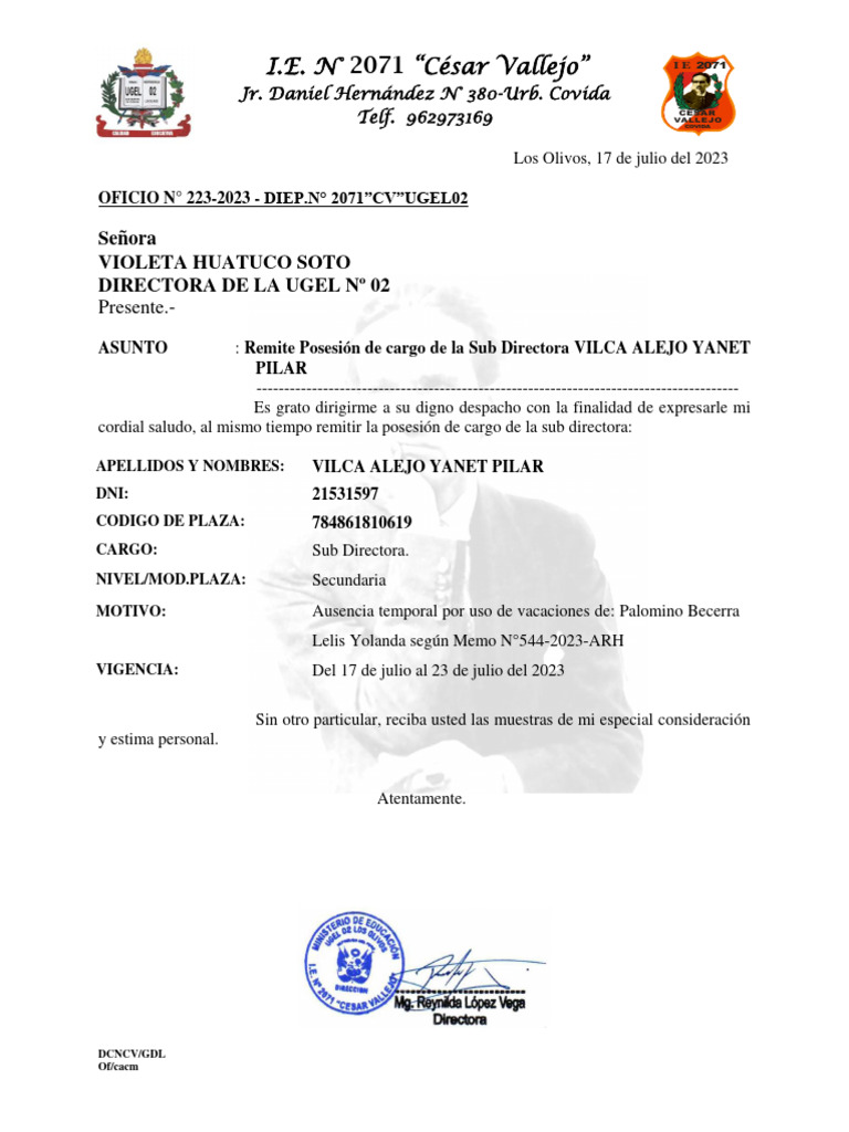 Of. #0223-23 - POSESION DE CARGO VILCA ALEJO YANET | PDF