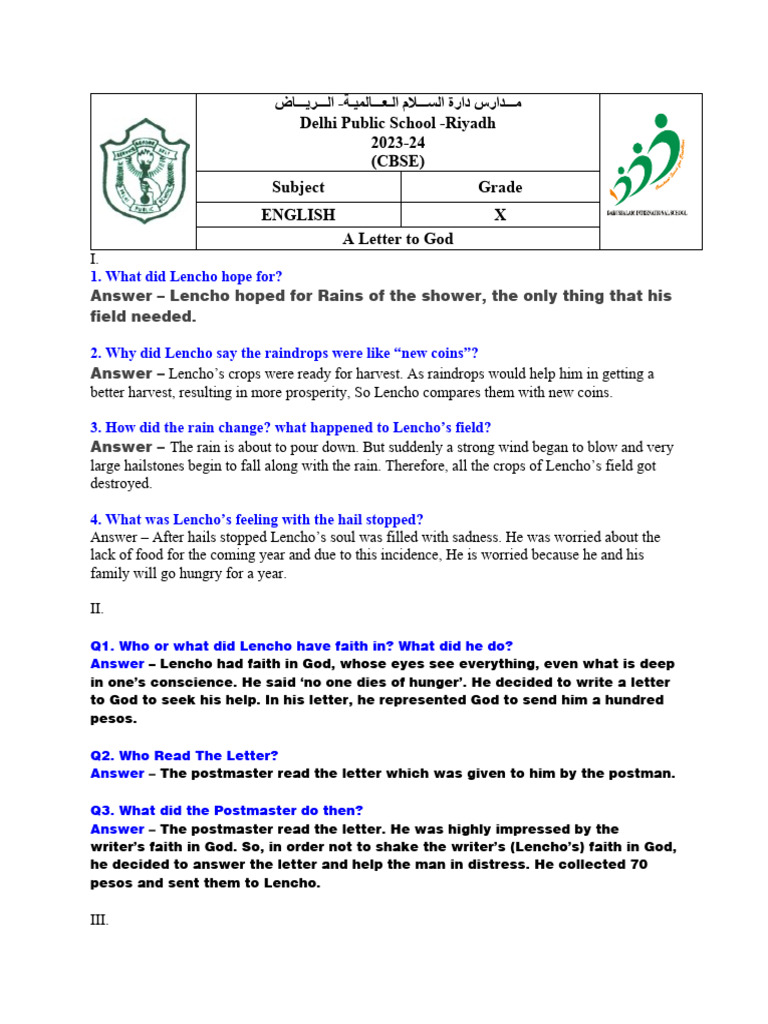 Grade 10, A Letter To God - Q& A | PDF | Faith | Hail