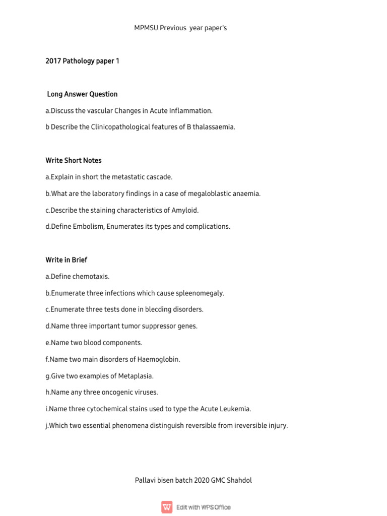 PYQ Patho MPMSU MBBS | PDF | Inflammation | Anemia