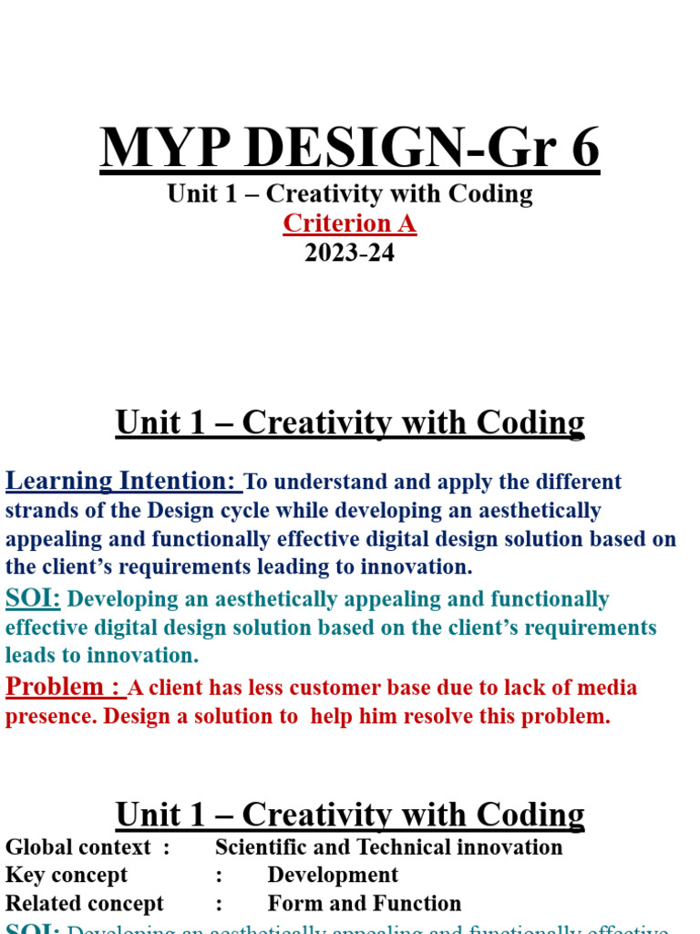 Grade 6 - MYP DESIGN - Criterion A | PDF | Creativity | Design