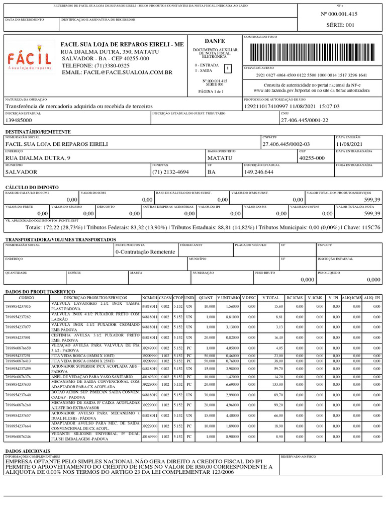 Nota Fiscal de Transferencia | PDF | Recibo | Comunicação escrita
