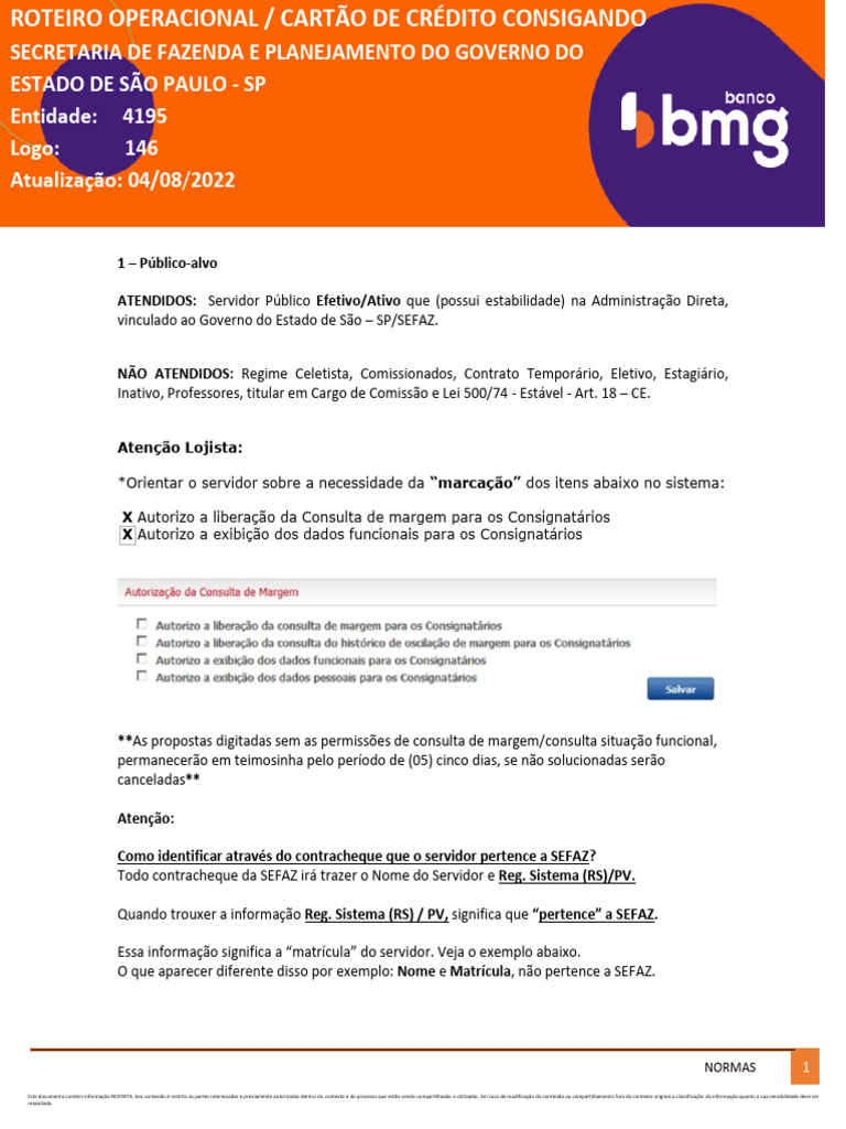 Roteiro Operacional 146 SEFAZ BMG Card 04.08 | PDF | Crédito | Finanças ...