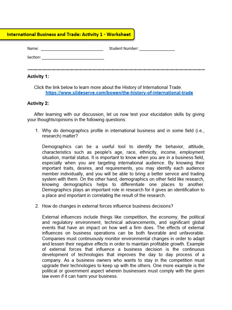 IBT Worksheet Activity 1 | PDF | Balance Of Trade | Exports