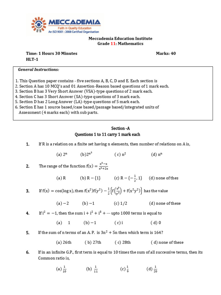 Meccademia Education Institute Grade: Mathematics Time: 1 Hours 30 ...