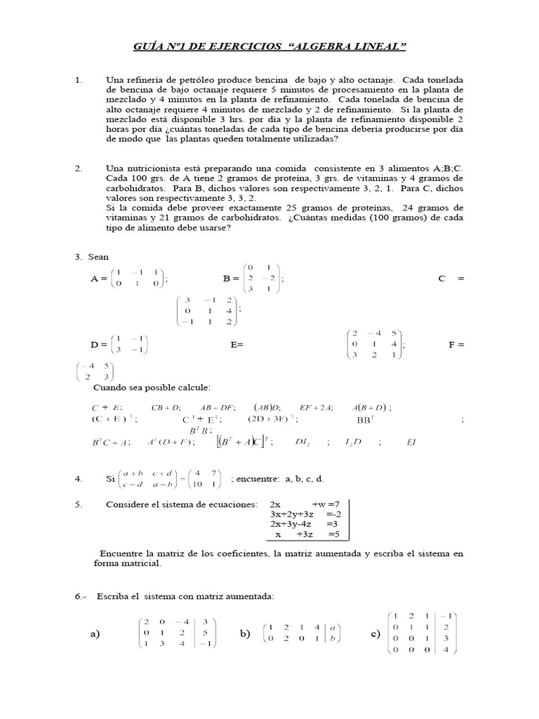 Ejercicios de Álgebra Lineal y Matrices | PDF | Matriz (Matemáticas ...