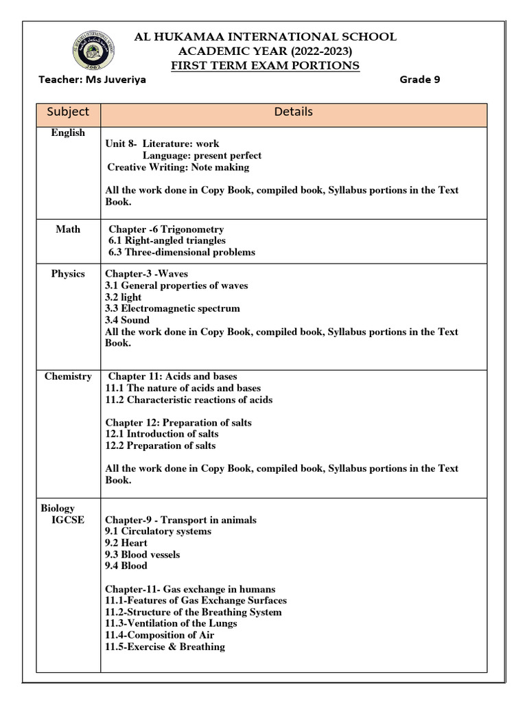 Grade-9-FIRST TERM PORTION-2023-24 | Download Free PDF | Blood | Oxygen