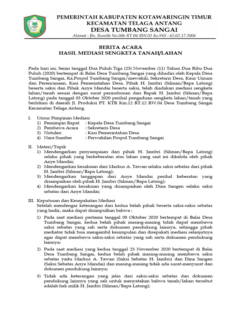 BERITA ACARA MEDIASI SENGKETA LAHAN H JAMBRI 2020 2b | PDF