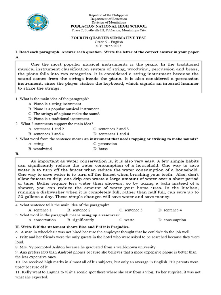 4Q Summative Test 2022 2023 | PDF | Narration | String Instruments 4Q Summative Test 2022 2023 | PDF | Narration | String Instruments