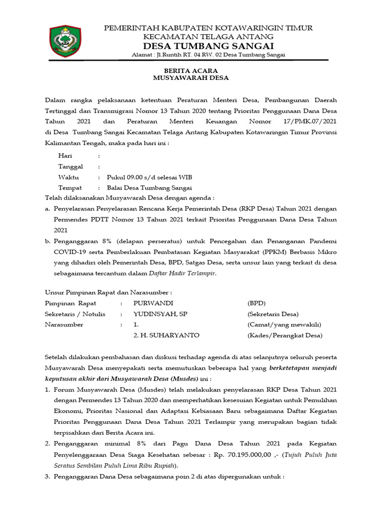 Berita Acara Musdes 2021 | PDF