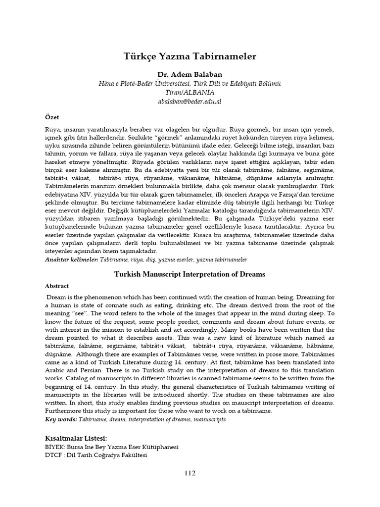 Adem Balaban Turkce Yazma Tabirnameler | PDF
