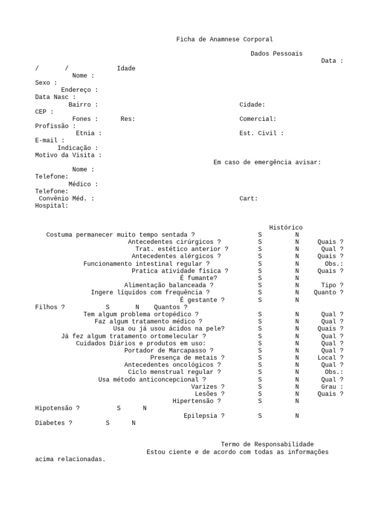 Ficha de Anamnese Corporal | PDF | Ciências da Saúde | Doenças e distúrbios
