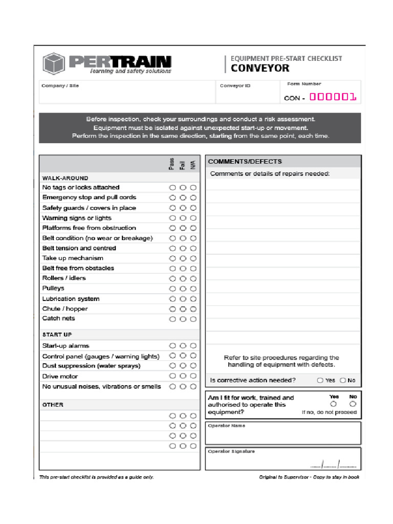 Prestart Checklist Belt Conveyor | PDF