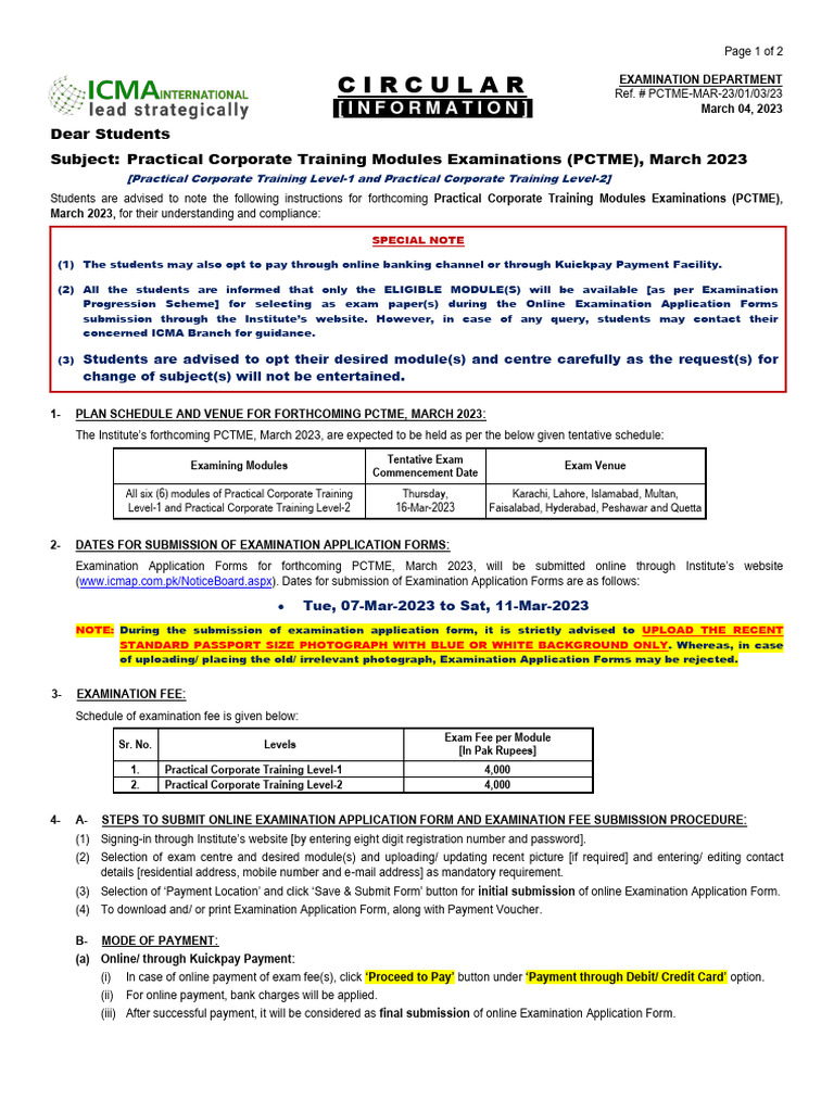 Exam Instructions for ICMA Students | PDF | Payments | Fee