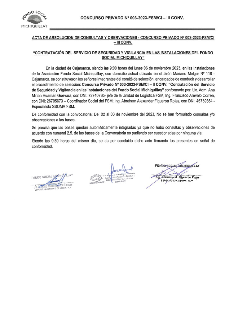 Acta de Absolución de Consultas y Observaciones - CP. #003-2023-FSM-CI - III Conv | PDF