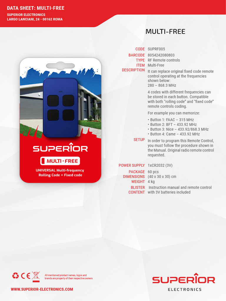 Multi Free Datasheet - EN | PDF | Remote Control | Manufactured Goods