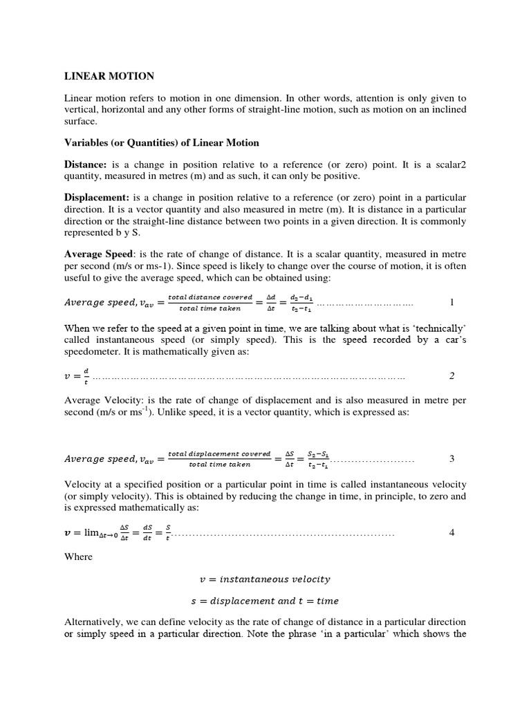 LINEAR MOTION Notes | PDF | Velocity | Acceleration