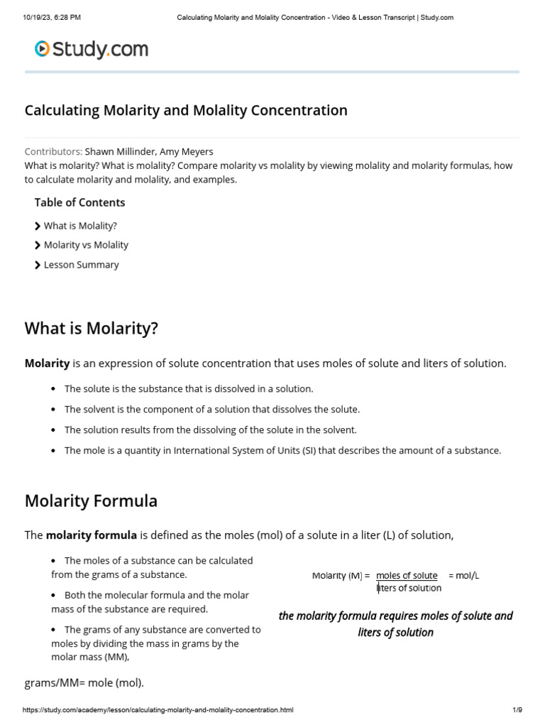 Calculating Molarity and Molality Concentration - Video & Lesson Transcript | PDF | Mole (Unit ...